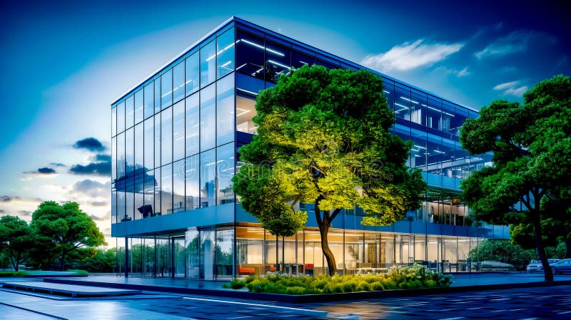 Rendering of Glass Building with Tree in the Front of it. Generative AI ...