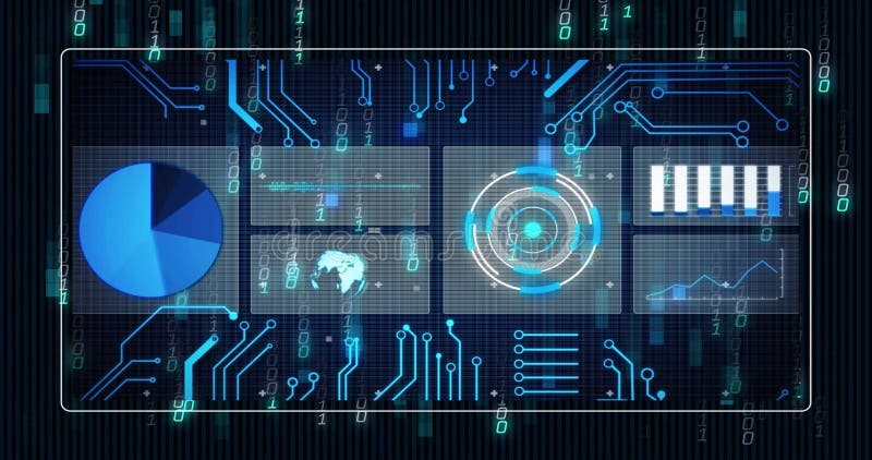 Rendering Grid Showing Pie Chart, World Map, Radar, Bar, Line Charts, Circuit Traces, Binary ...