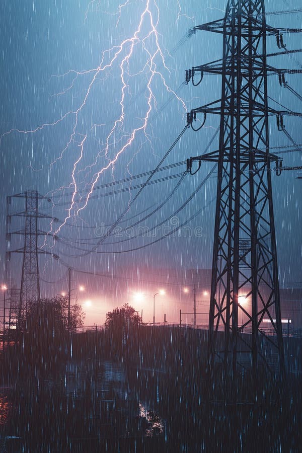 Rendering of a High-voltage Power Pole Network during Heavy Rain with ...