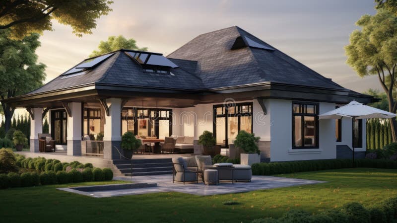 A Rendering of a House in the Evening Stock Illustration - Illustration ...