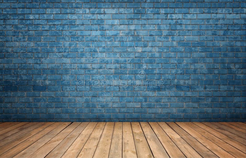 Rendering of Interior with Blue Brick Wall and Wooden Floor Stock Photo ...