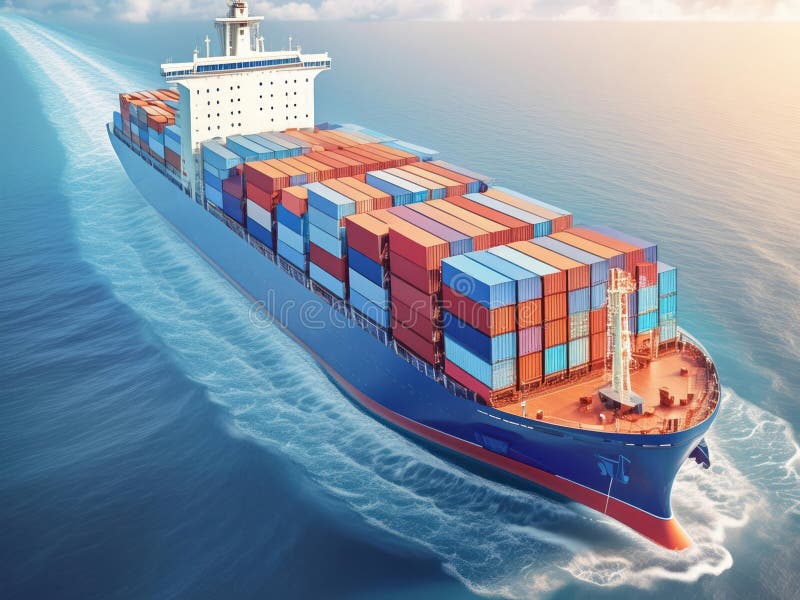 A Rendering of the Massive and Large Blue, Red Container Ship Around ...