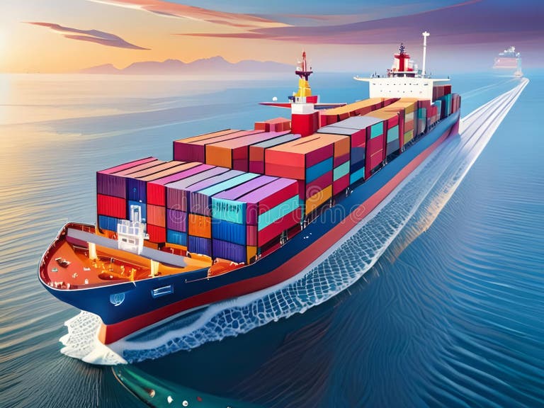 A Rendering of the Massive and Large Blue, Red Container Ship Around ...