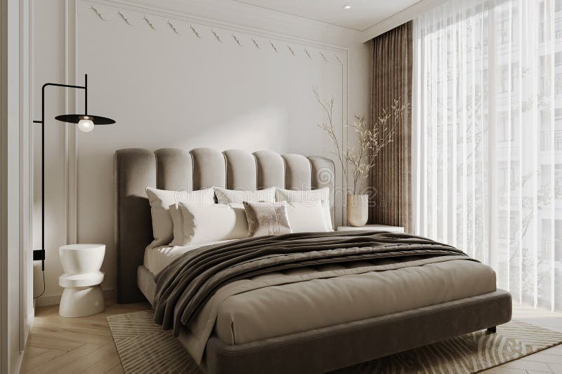 Rendering of a Minimalist Bedroom. Lamp Light Stands by the Bed ...