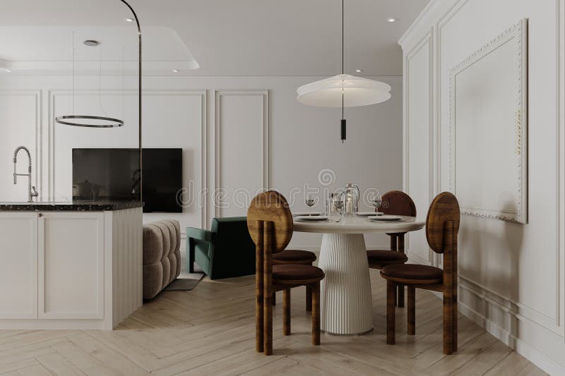 Rendering of a Minimalist Dining Room, View of a Studio Apartment Stock Photo - Image of home ...