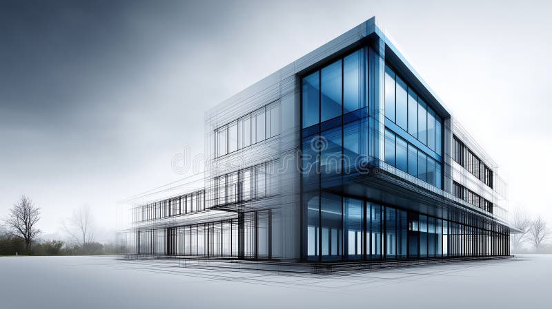Modern Building with Glass Facade and Architectural Sketch Overlay ...