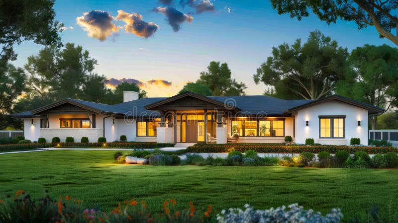 A Rendering of a Modern Home with a Large Front Yard Stock Image ...