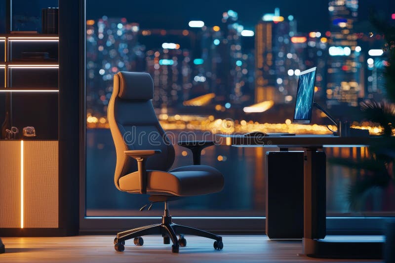 Rendering of a Modern Office Interior with a City View at Night. Stock ...