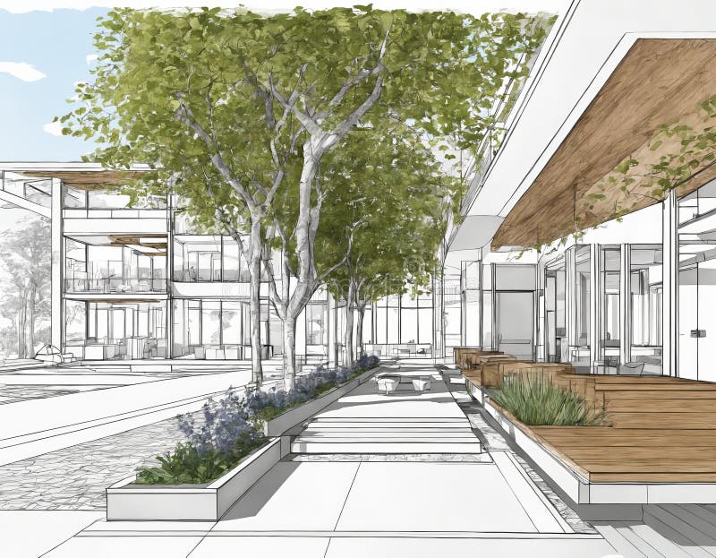 A Rendering of an Outdoor Courtyard Stock Illustration - Illustration ...