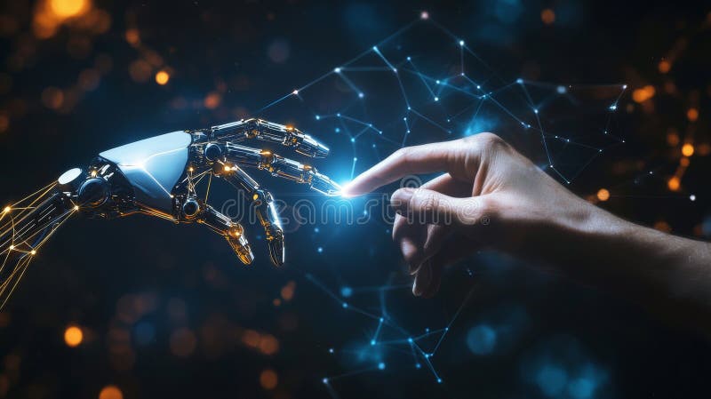 Rendering of a Robot Hand Touching Digital World, Virtual Graphic ...
