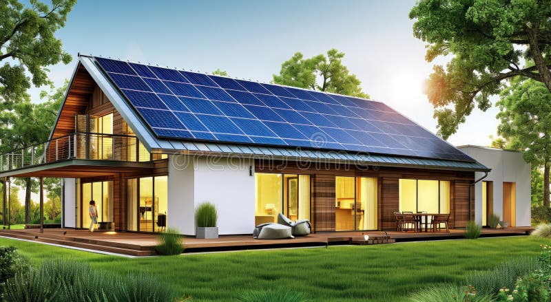 Rendering of Solar Panel House on Front Lawn Stock Photo - Image of ...