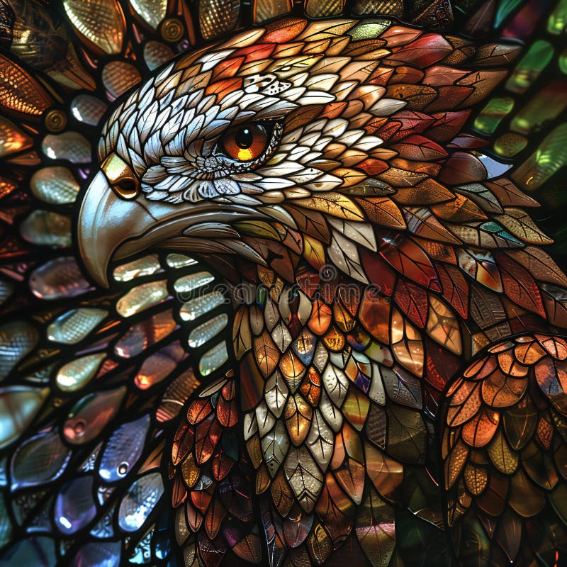 Rendering of a Stained Glass Window with an Eagle Head on a Colorful ...