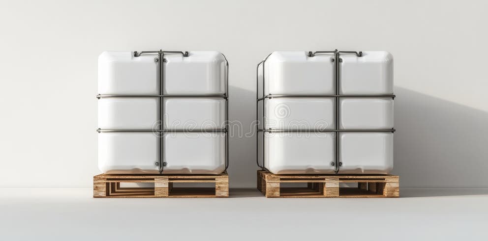 Rendering of Two White IBC Liquid Containers, Drone View, Minimalist ...