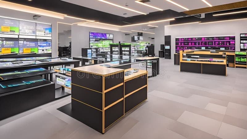 3d Render of a Modern Interior of a Retail Store with Computers and ...