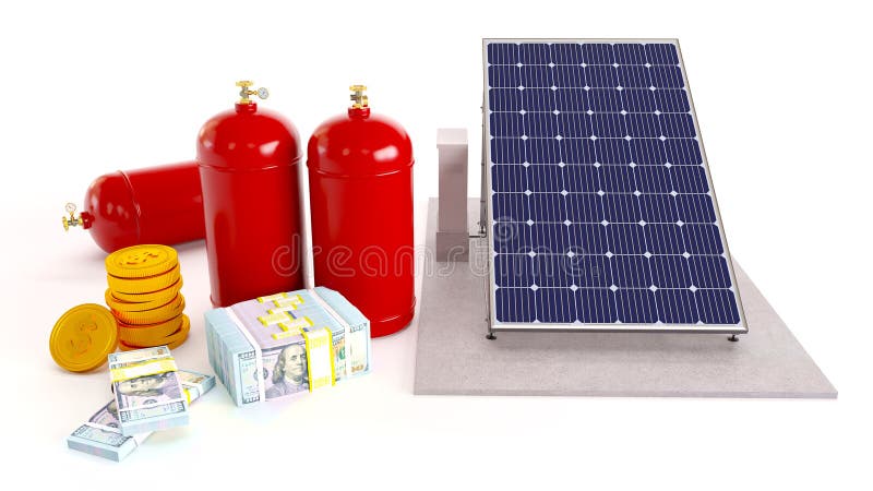 Renewable Energy Concept, Dollar Stack with Solar Panel and Gas Bottle ...