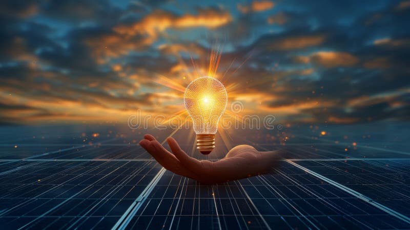 Renewable Energy Concept Light Bulb Above Solar Panels with Sunset ...