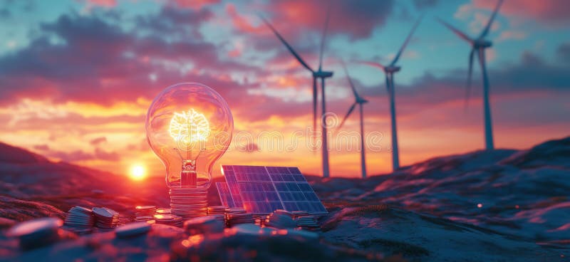 Renewable Energy Concept with Light Bulb, Solar Panel, and Wind ...