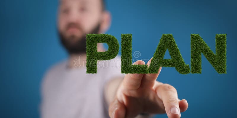 Renewable Energy Concept with a Man Touching a 3D Rendered Green PLAN ...