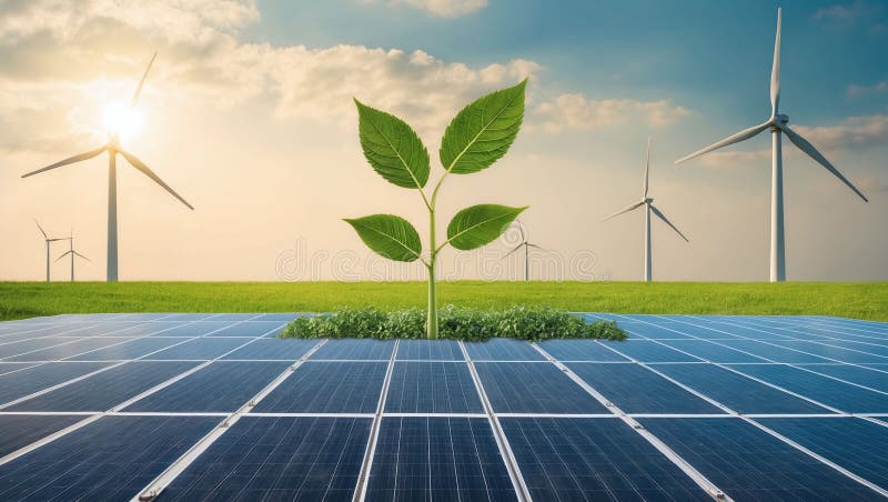 Renewable Energy Concept: Solar Panels, Wind Turbines and Growing Plant ... Renewable Energy Concept: Solar Panels, Wind Turbines and Growing Plant ...