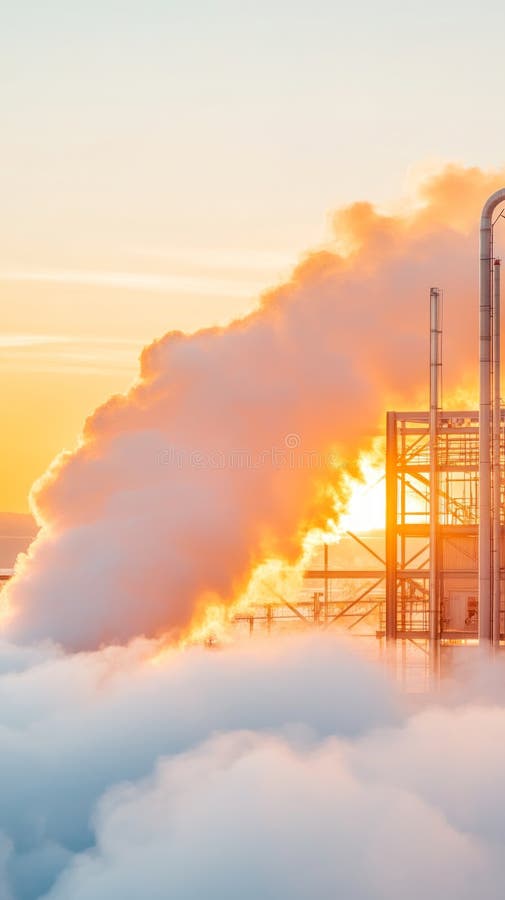 At a Renewable Energy Facility during Sunrise, Steam Billows from ...