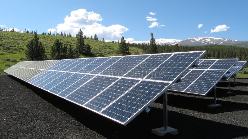 Renewable Energy Field Solar Panels Array in Green Landscape Under Blue ...