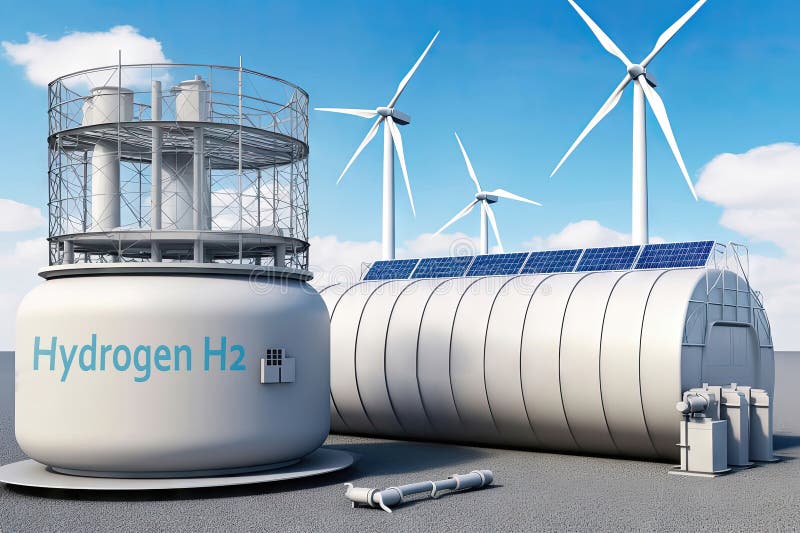 Renewable Energy: Hydrogen Tanks, Wind Generators, and Solar Panels ...