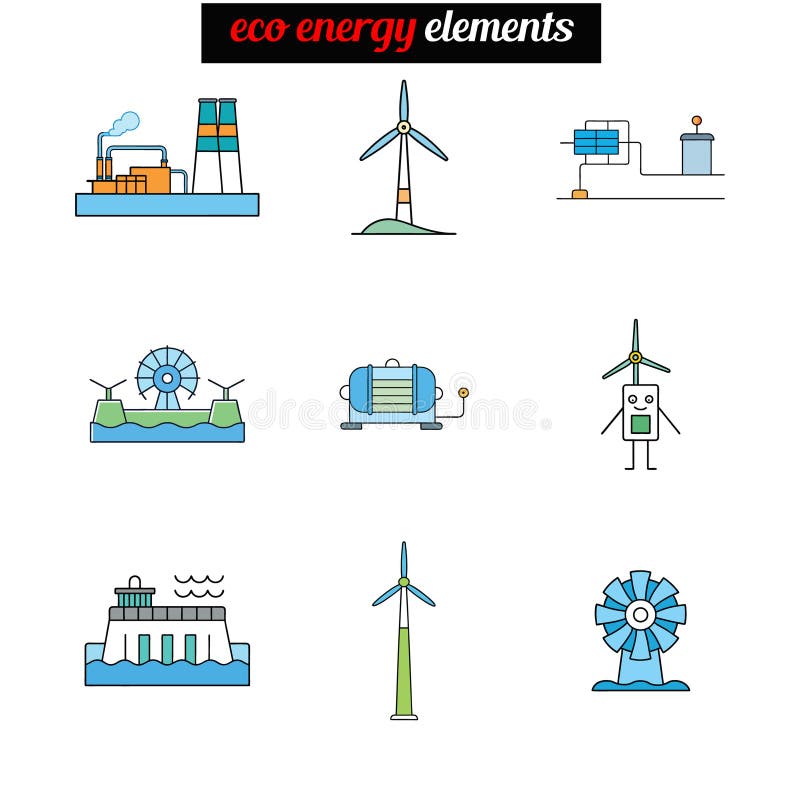 Renewable Energy Icons - Wind, Solar, and Hydro Power Stock Vector ...