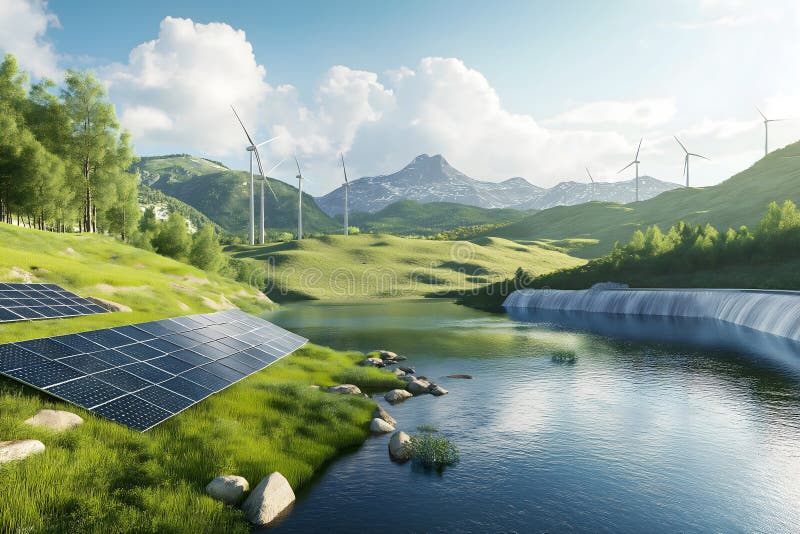 Renewable Energy Landscape with Solar Panels and Wind Turbines Stock ...