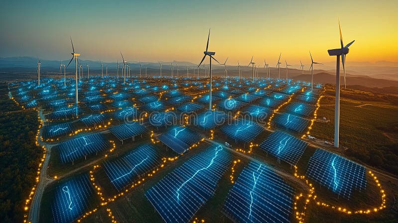 Renewable Energy Landscape with Solar Panels and Wind Turbines ...