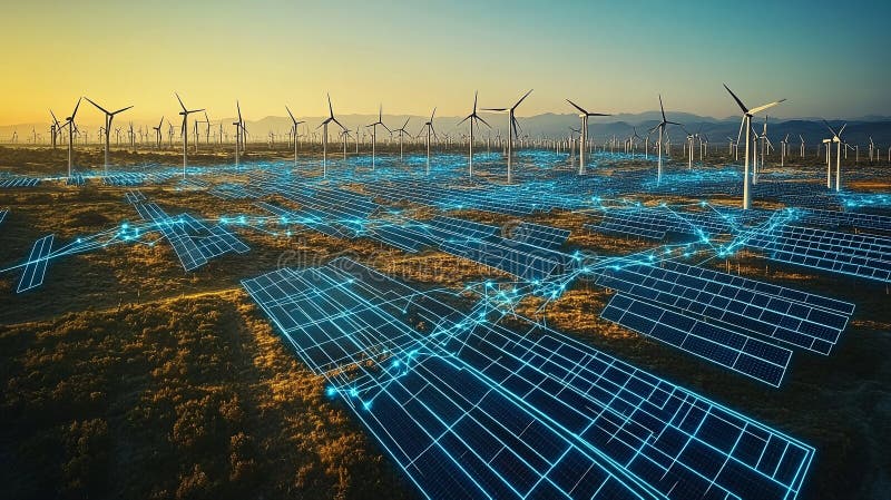 Renewable Energy Landscape with Solar Panels and Wind Turbines ...