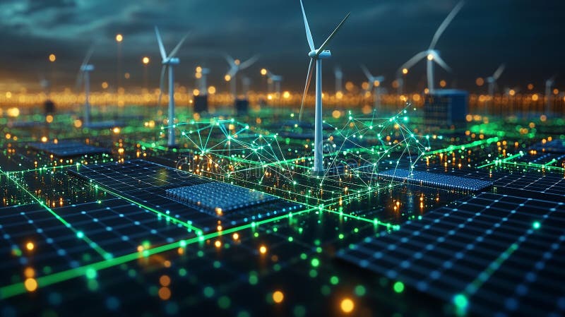 Renewable Energy Landscape with Solar Panels and Wind Turbines. AI ...