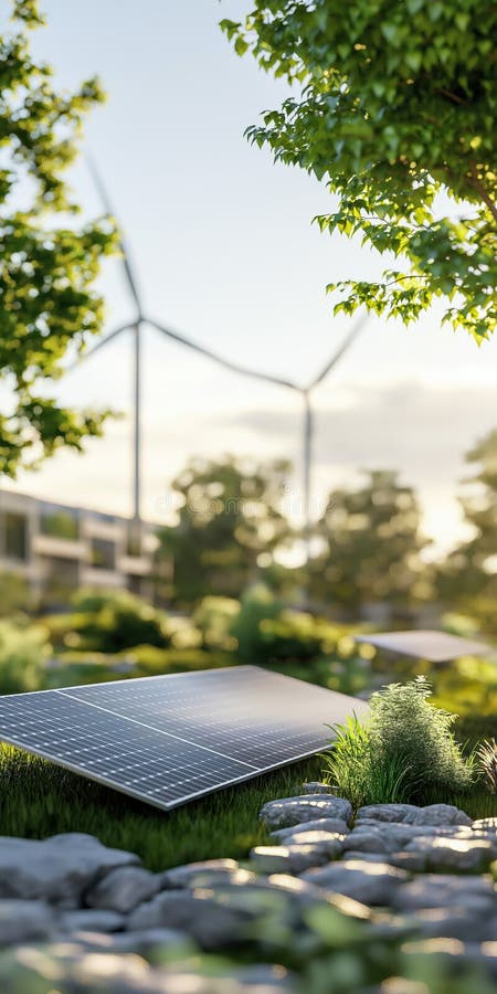 Renewable Energy Landscape with Solar Panels and Wind Turbines in a ...