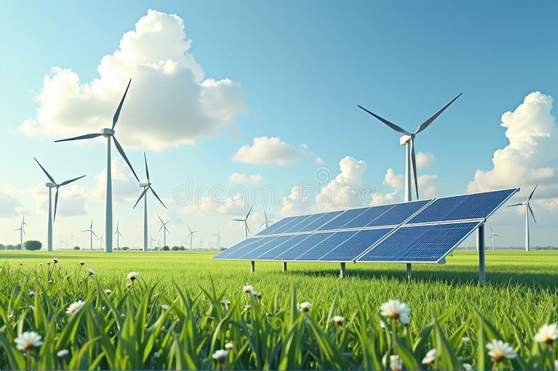 Renewable Energy Landscape with Solar Panels and Wind Turbines in a ...