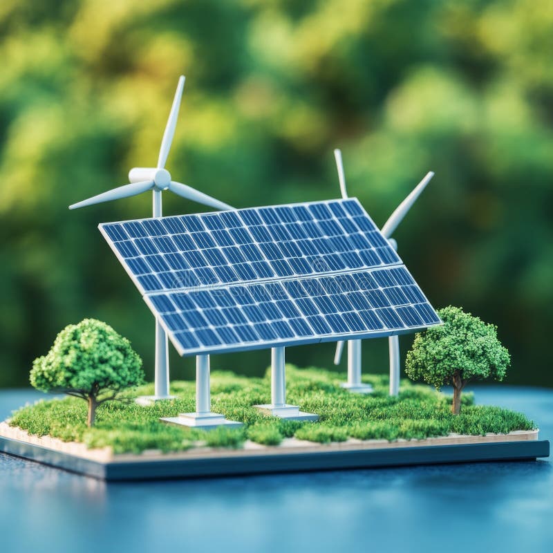 Renewable Energy Model Featuring Solar Panels and Wind Turbines on ...