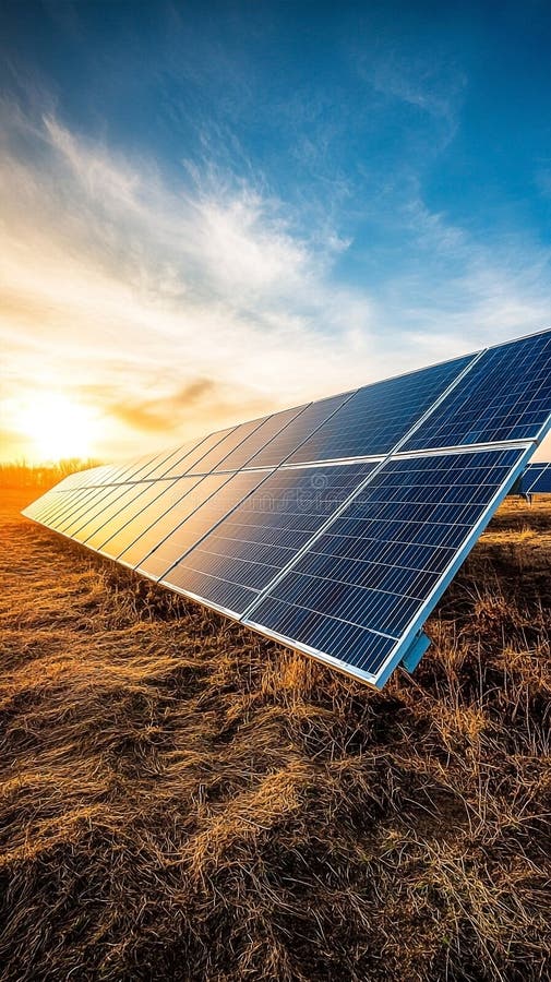 Renewable Energy Solar Panel Array at Sunrise with Morning Golden Light ...