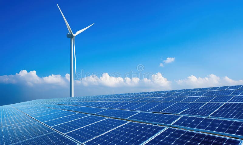 Renewable Energy Sources Featuring Wind Turbine and Solar Panels Under ...