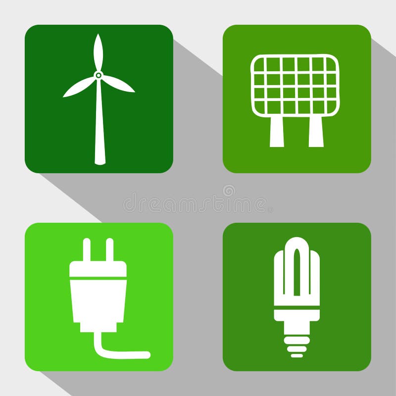 Renewable Energy Sources Icons - Windmill, Solar Panel, Electricity and ...