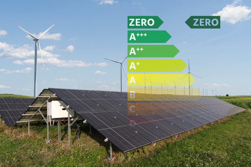 Renewable Energy Sources with Energy Label. Arrow Points To Zero Stock ...
