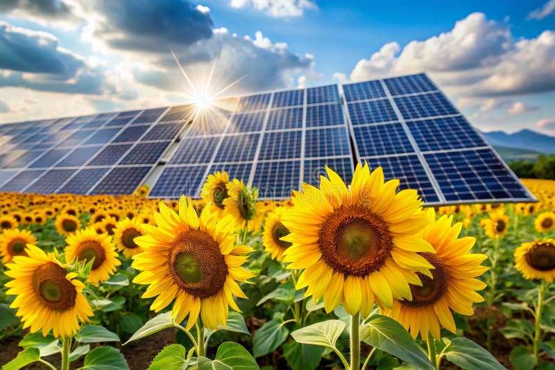 Renewable Energy: Sunflower Field and Solar Panel Concept Stock ...