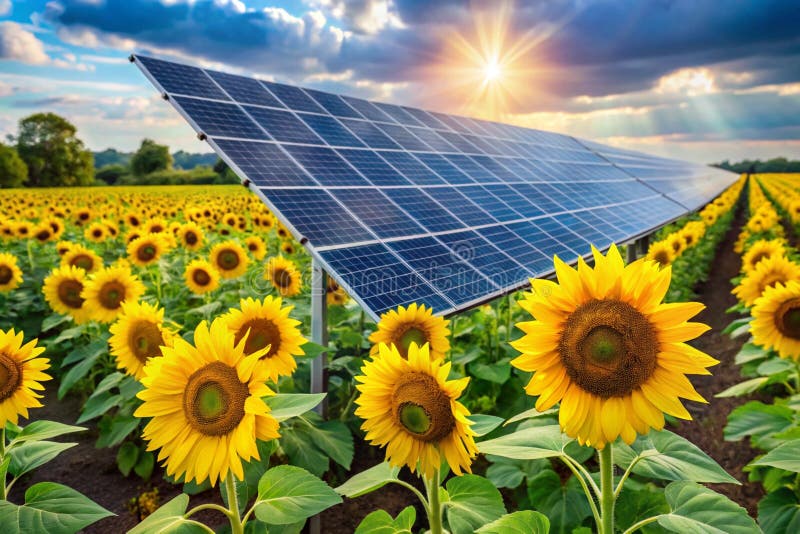 Renewable Energy: Sunflower Field and Solar Panel Concept Stock ...