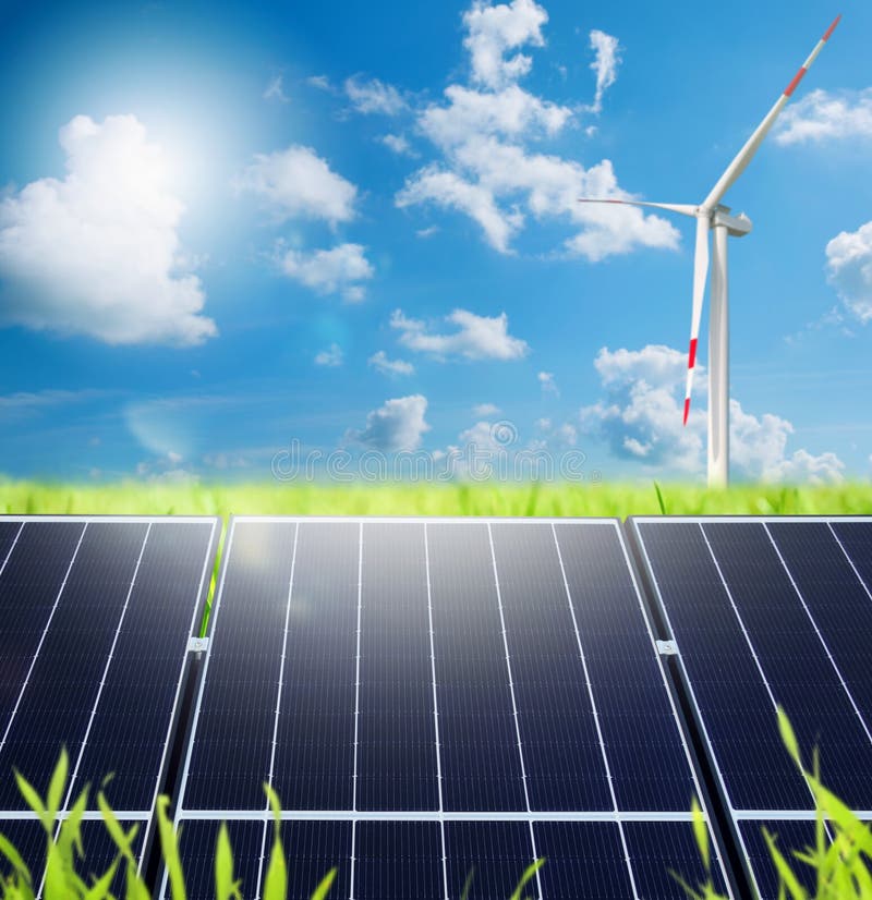 Renewable Energy System with Solar Panel and Wind Turbine Stock Photo ...