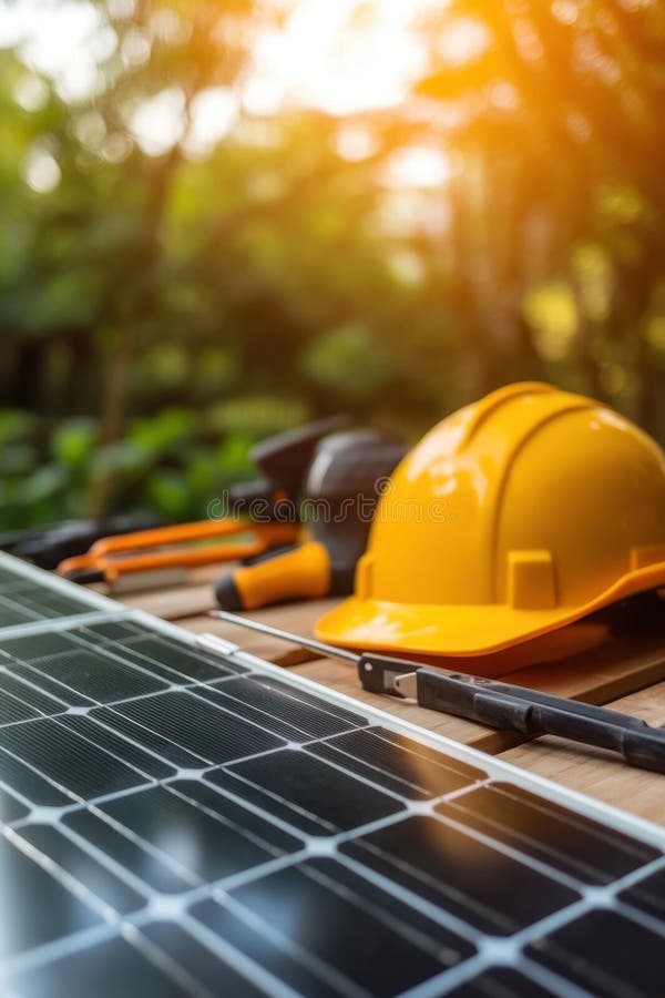 Renewable Energy Tools: Solar Panel and Hard Hat in Sunlit Outdoor ...
