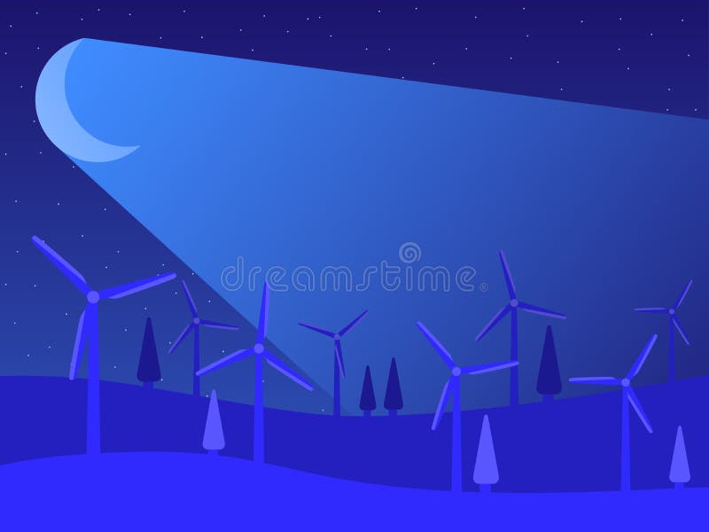 Renewable Energy. Windmills Night Landscape With Moonlight. Wind ...
