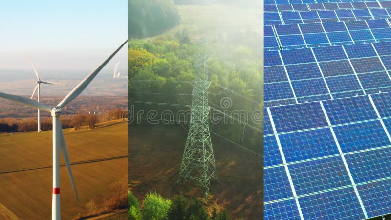 Renewable Green Energy Collage with Solar Panel, Windmill and Pylon ...