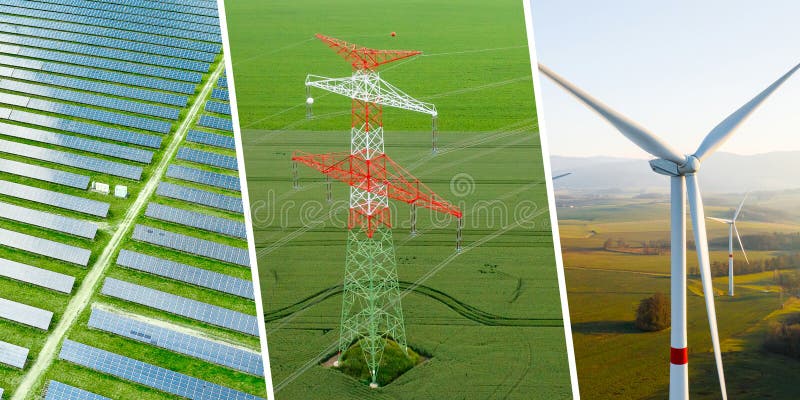 Renewable Green Energy Collage with Solar Panel, Windmill and Pylon ...