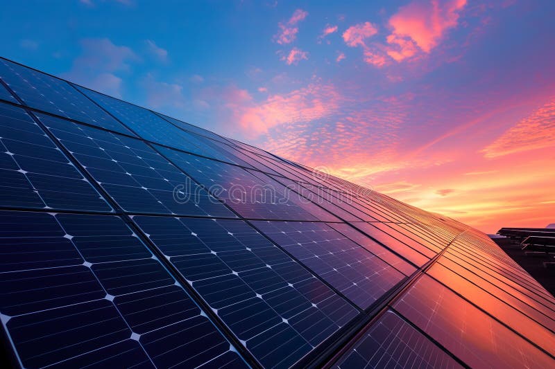 Renewable Horizon: Solar Panels at Sunset with a Vibrant Sky Backdrop ...