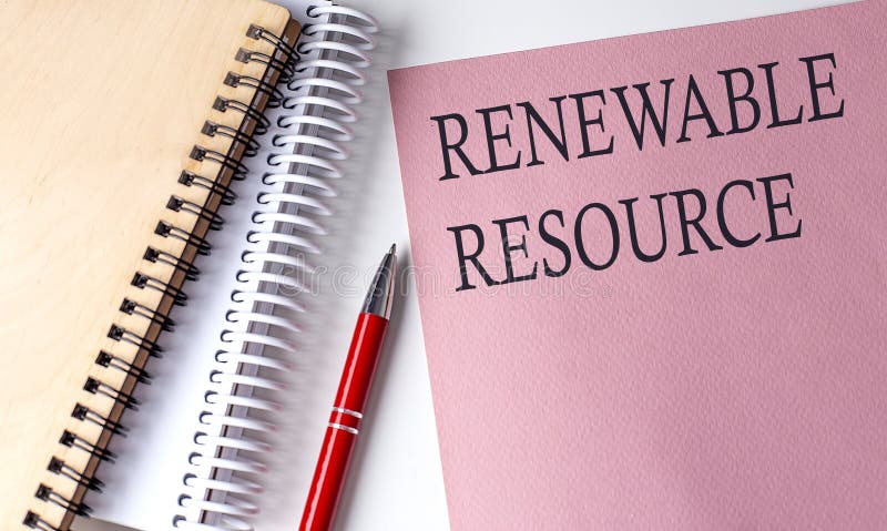 RENEWABLE RESOURCE Word on the Pink Paper with Office Tools on White ...