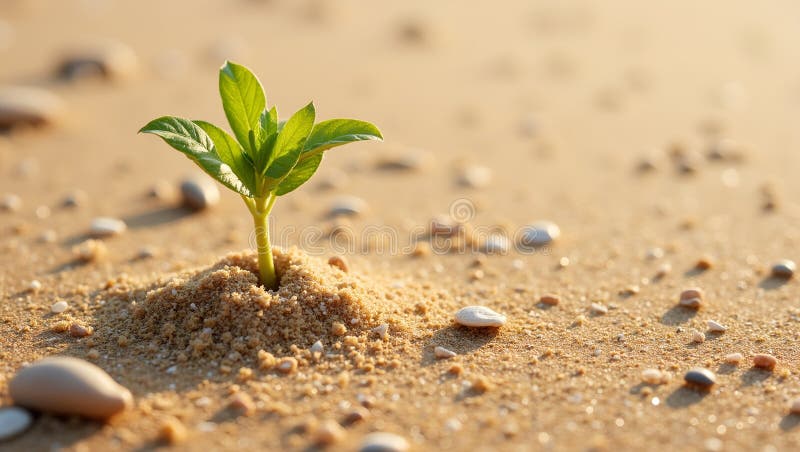 Renewal Green Sprout Emerging from Golden Beach Sand with Scattered ...