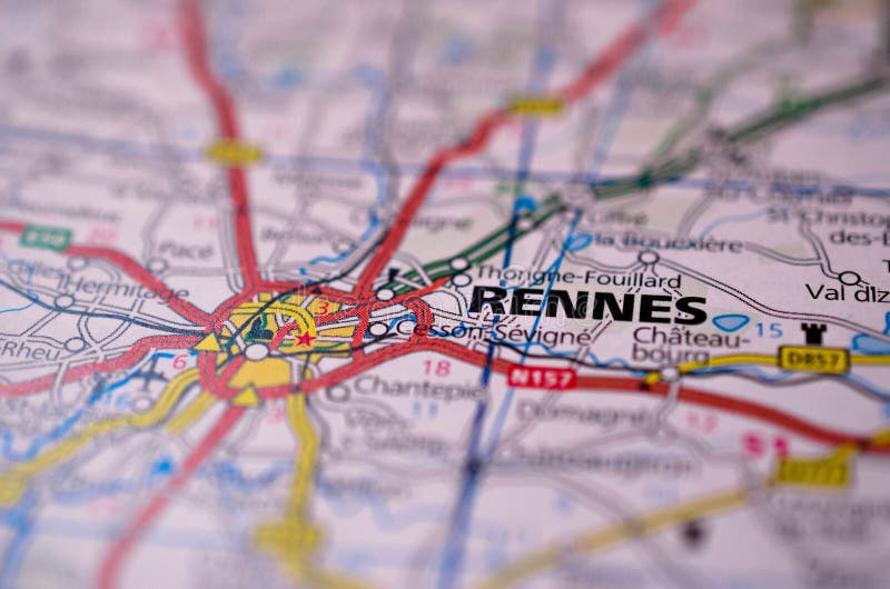 Rennes on map stock photo. Image of plan, aerial, route - 97136332