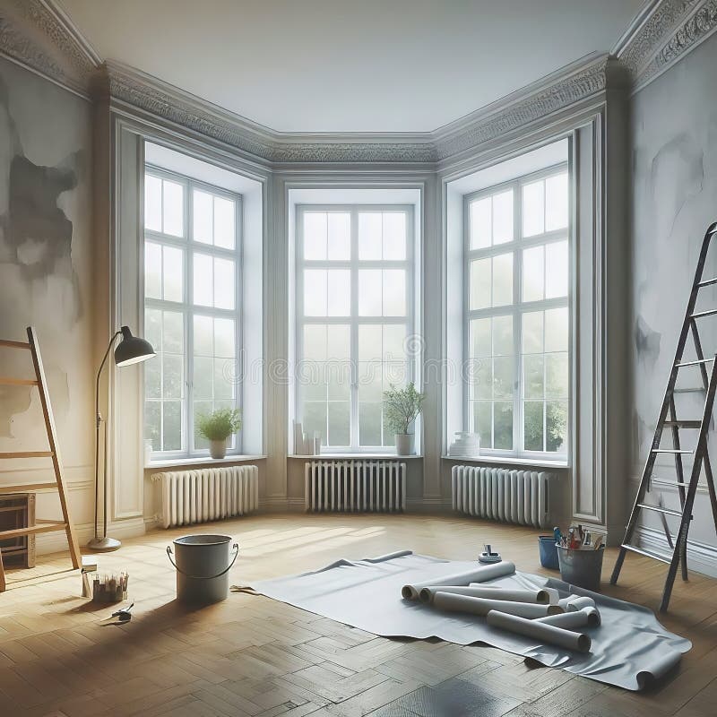 Renovated Room with Large Windows. Painter S Ladder, Paint Bucket and ...